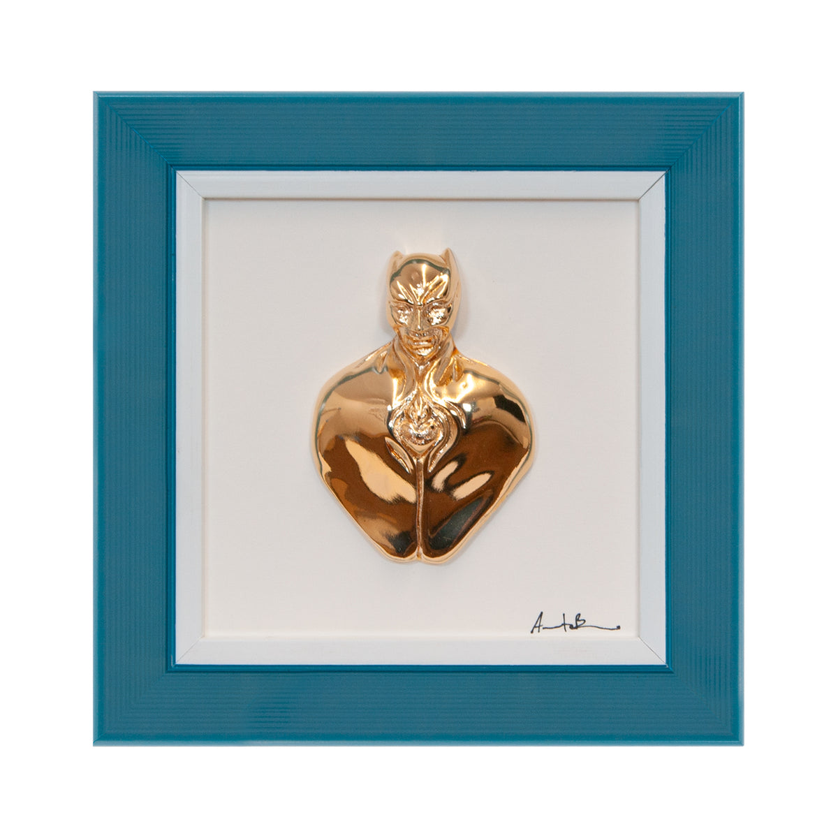 Man in color-scultura in resina lucida oro con cornice azzurra in quad ...